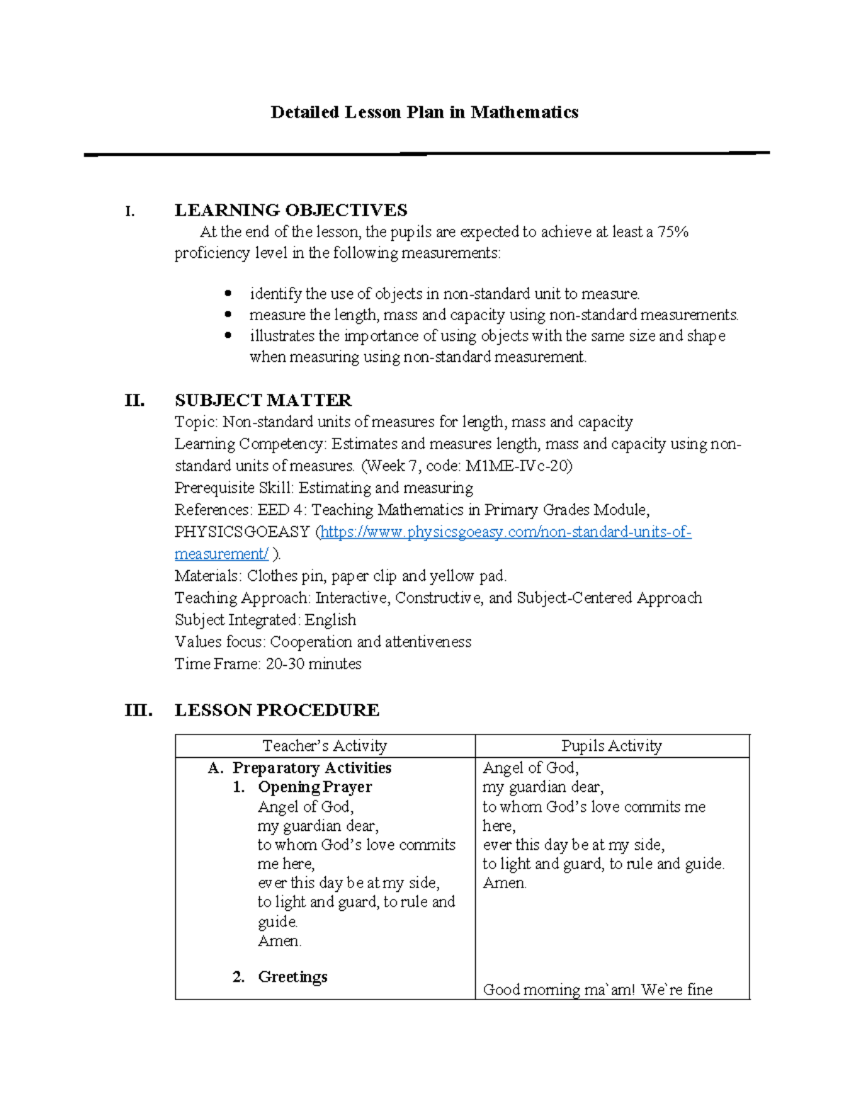 Detailed lesson plan for Mathematics I: Measuring length, mass, and ...