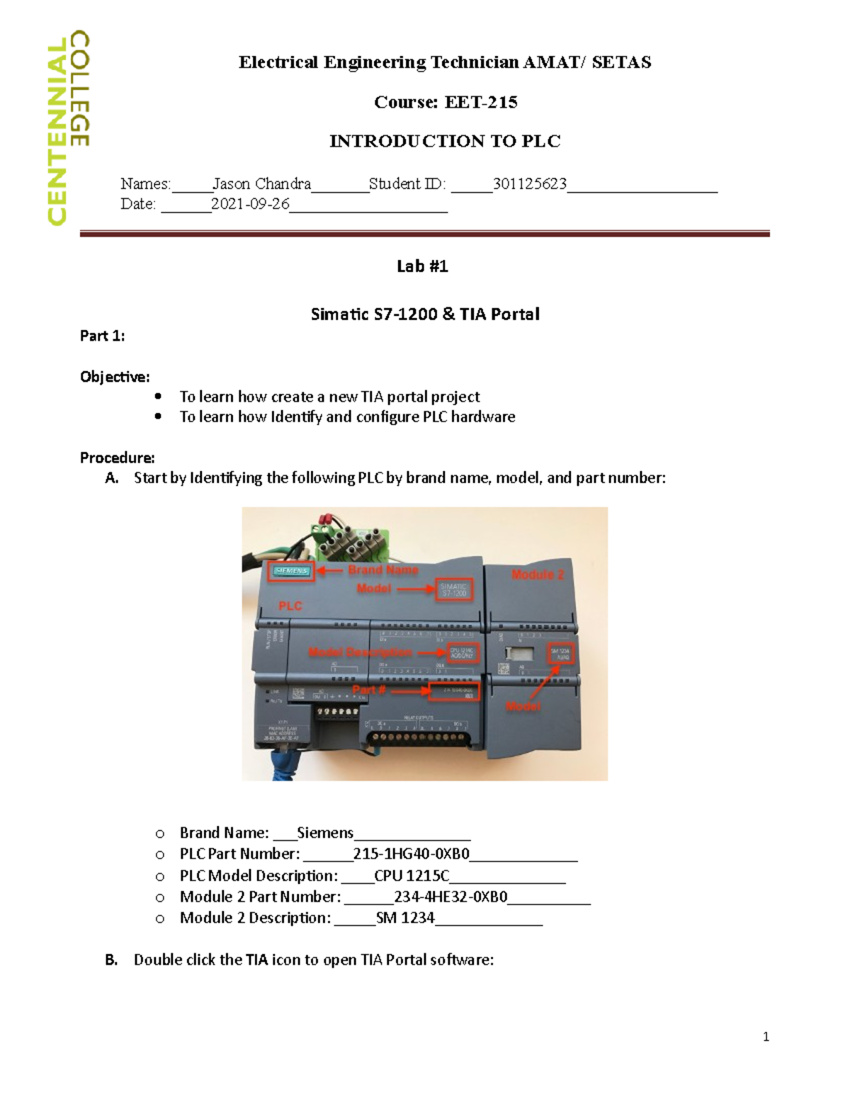 EET215 Lab 1: Simatic S7-1200 & TIA Portal Instructions and Procedures - Studocu