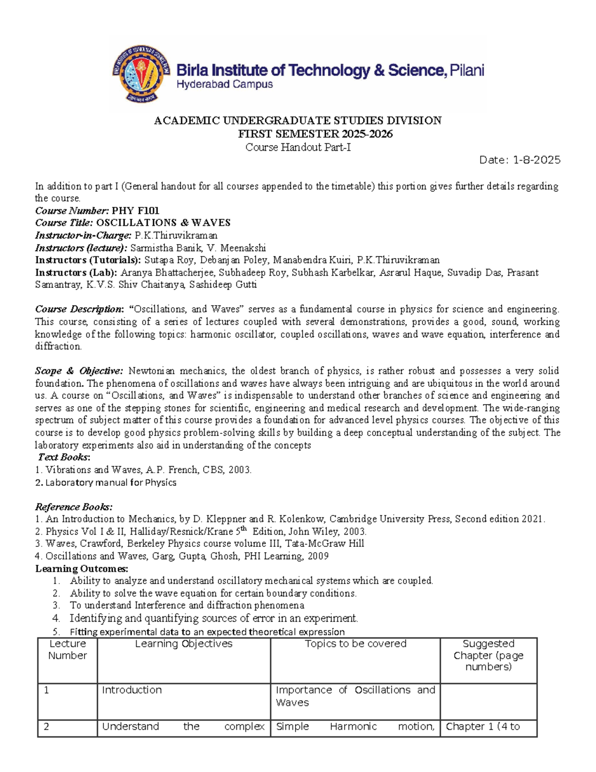 PHY F101 Final Exam Handout: Oscillations and Waves - Studocu