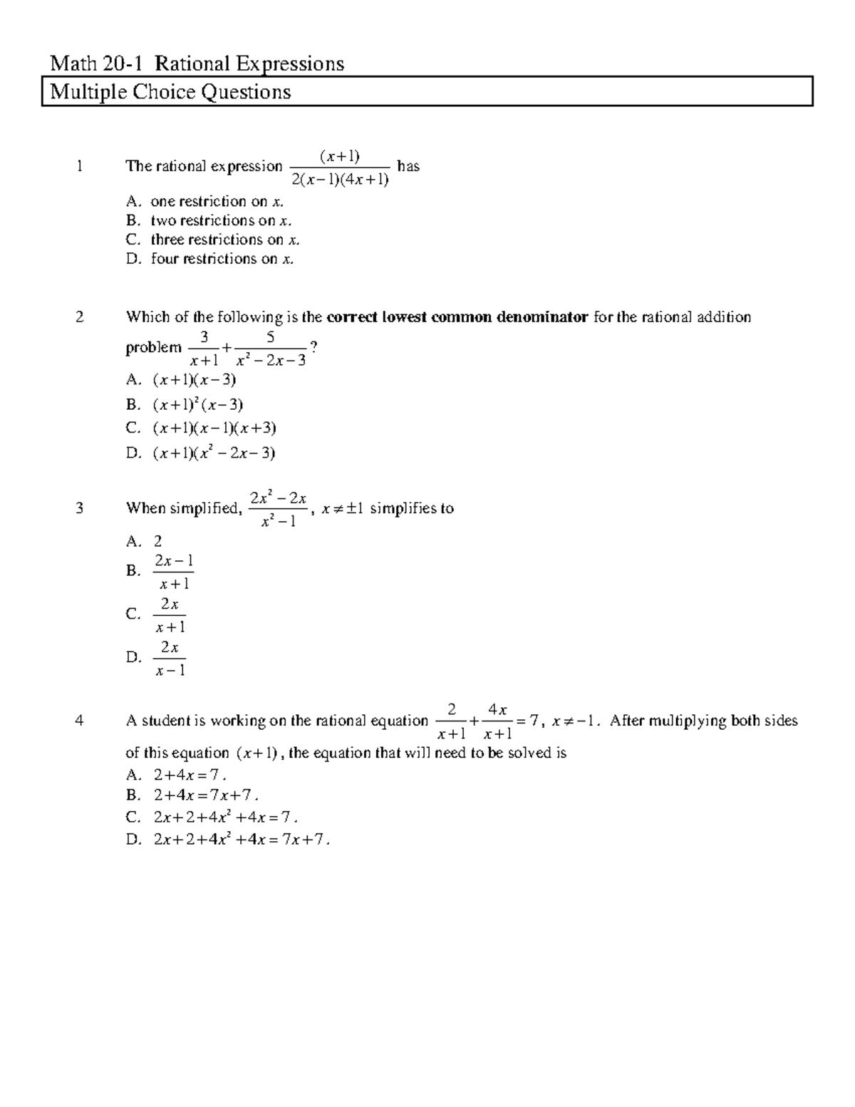 Math 20-1 Rational Expressions Quiz Review with MCQs and Solutions ...