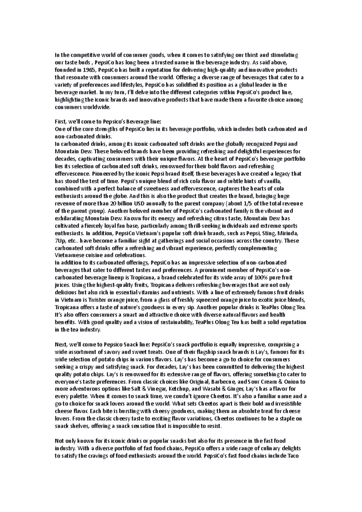 Pepsico product line - In the competitive world of consumer goods, when ...