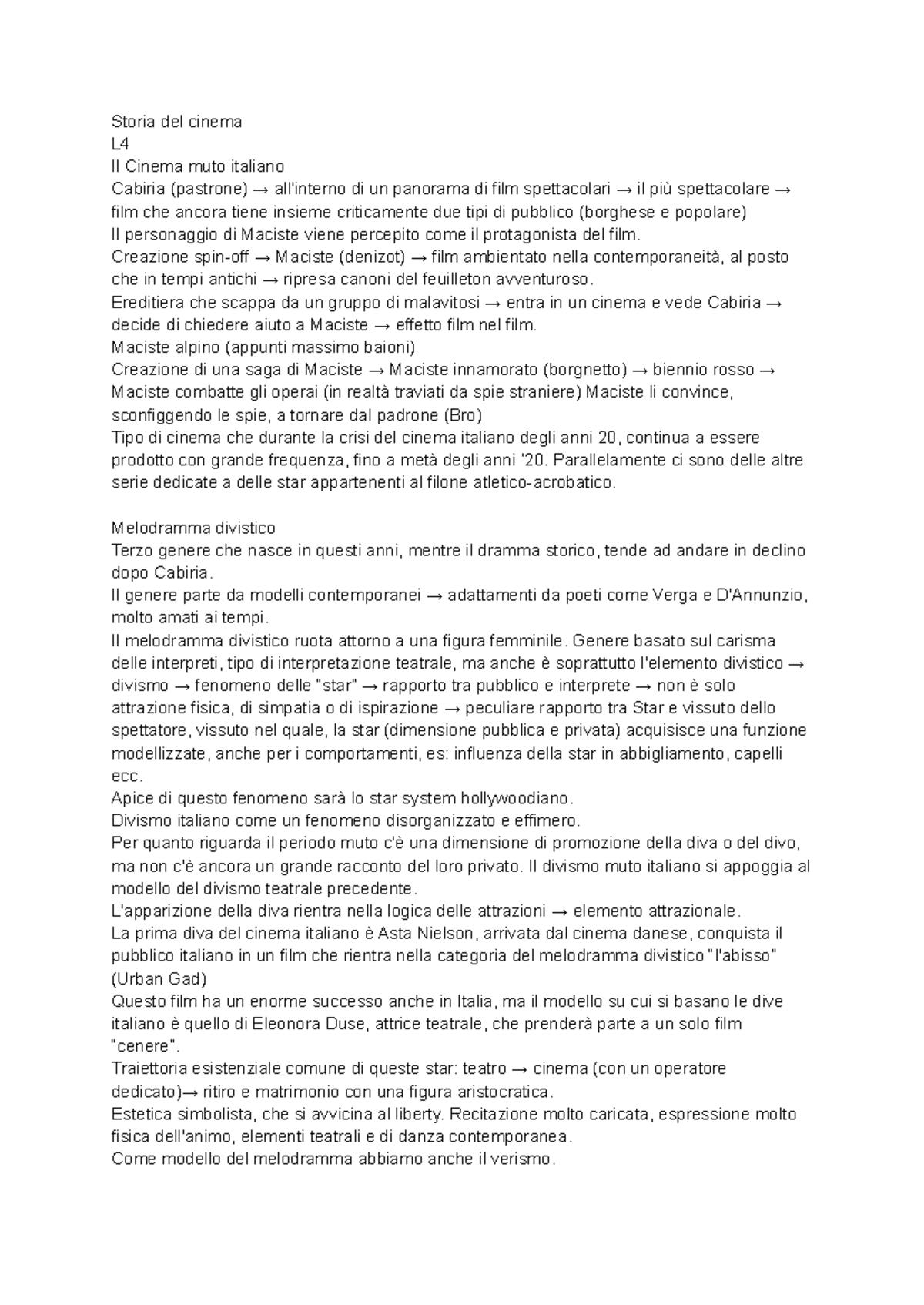 Storia del Cinema L4: Appunti sul Cinema Muto Italiano e Oltre - Studocu