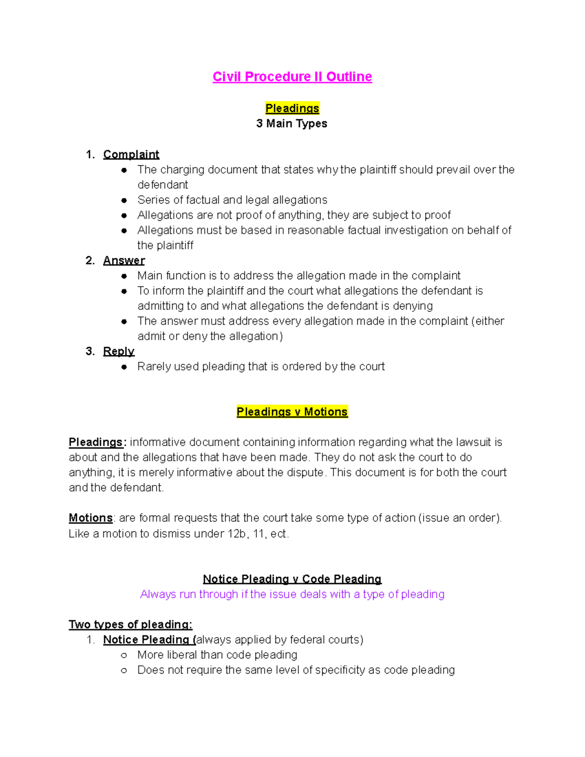 Civil Procedure II Outline: Key Aspects of Pleadings and Motions - Studocu