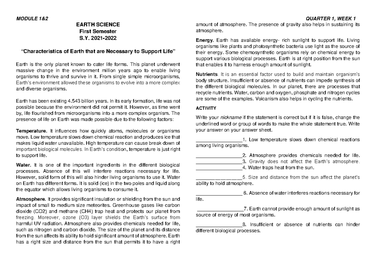 Earth Science - Characteristics of Earth Supporting Life (Exam Notes ...