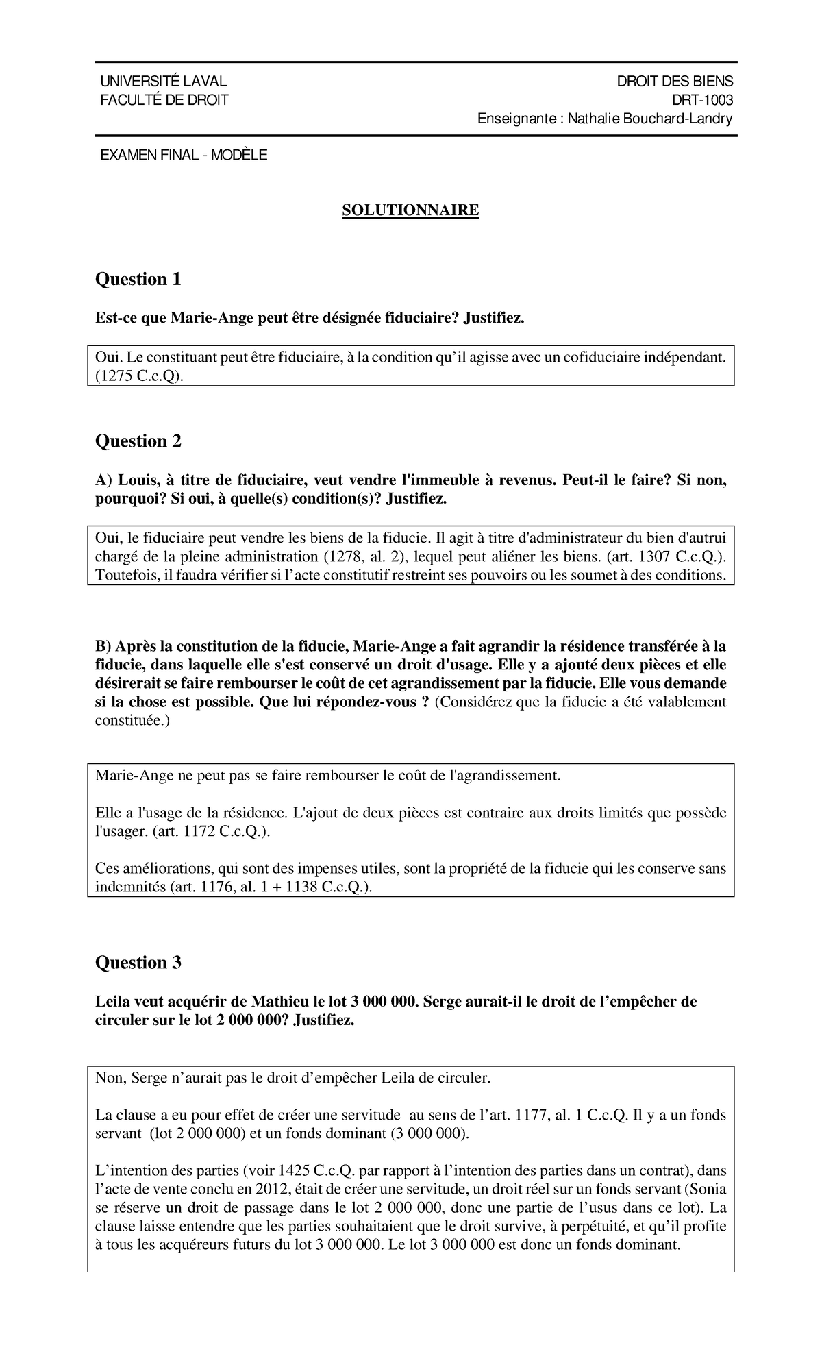 Modèle de l'examen final corrigé en DRT- Droit des Biens - Studocu