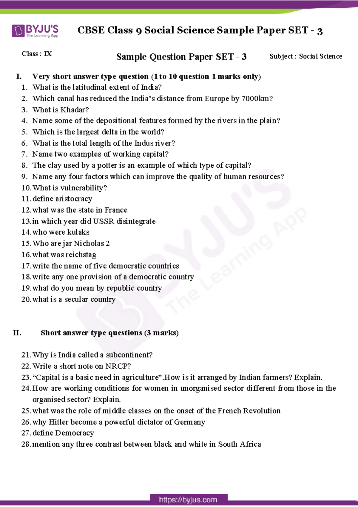 CBSE Class 9 Social Science Sample Paper SET 3 - Question Types ...