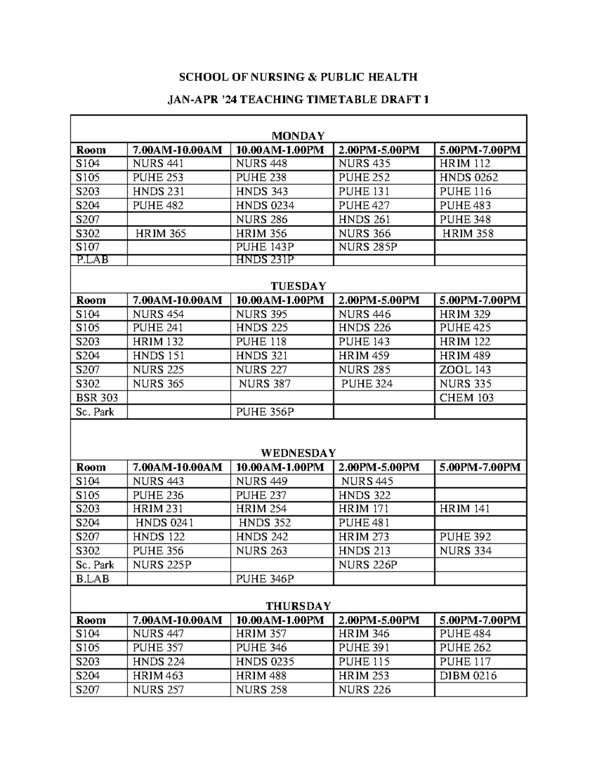 SNPH Jan-Apr 2024 Teaching Timetable Draft - Updated 12 Jan 24 - Studocu