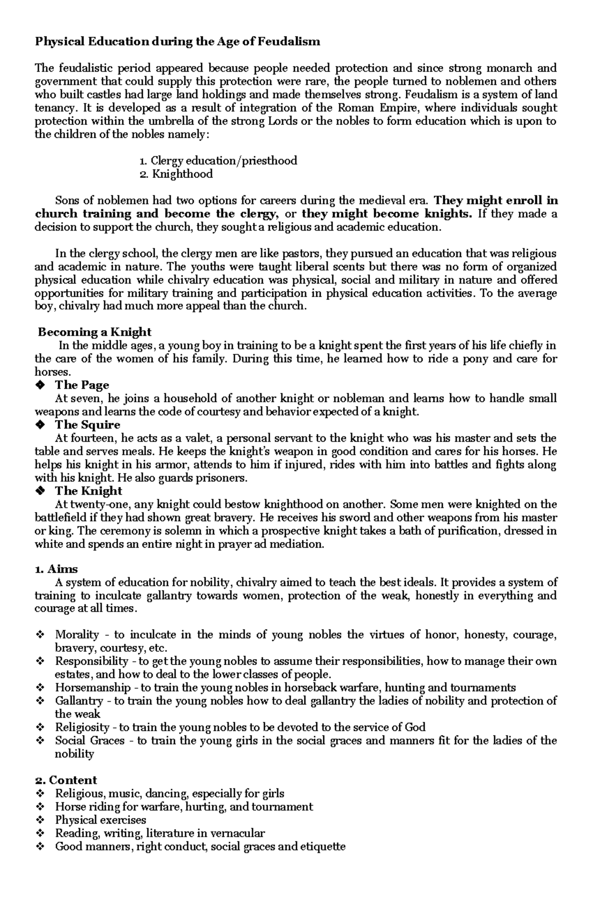 PE in Feudalism: Education for Nobility & Knighthood Training 1 - Studocu