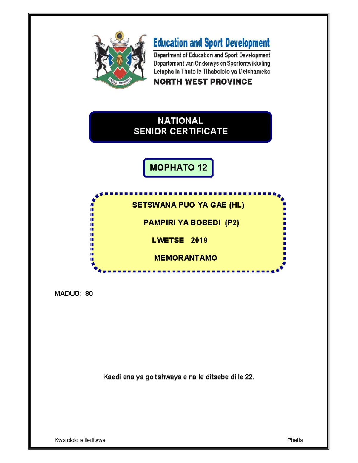 Setswana HL P3 Final Exam Nov 2022 - Grade 12 NSC Papers - Studocu