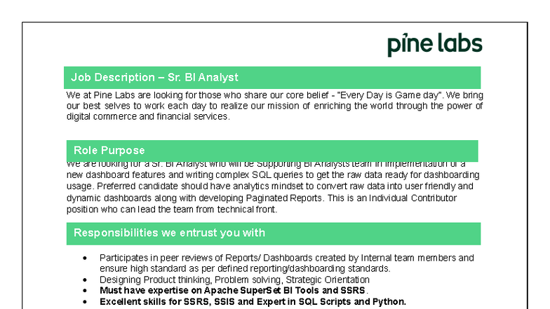 JD-BI Analyst Position at Pine Labs: Role & Responsibilities - Studocu