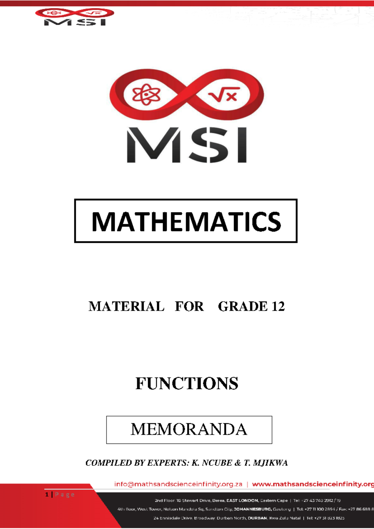 Grade 12 Mathematics: MSI Functions Questions Memorandum - Studocu