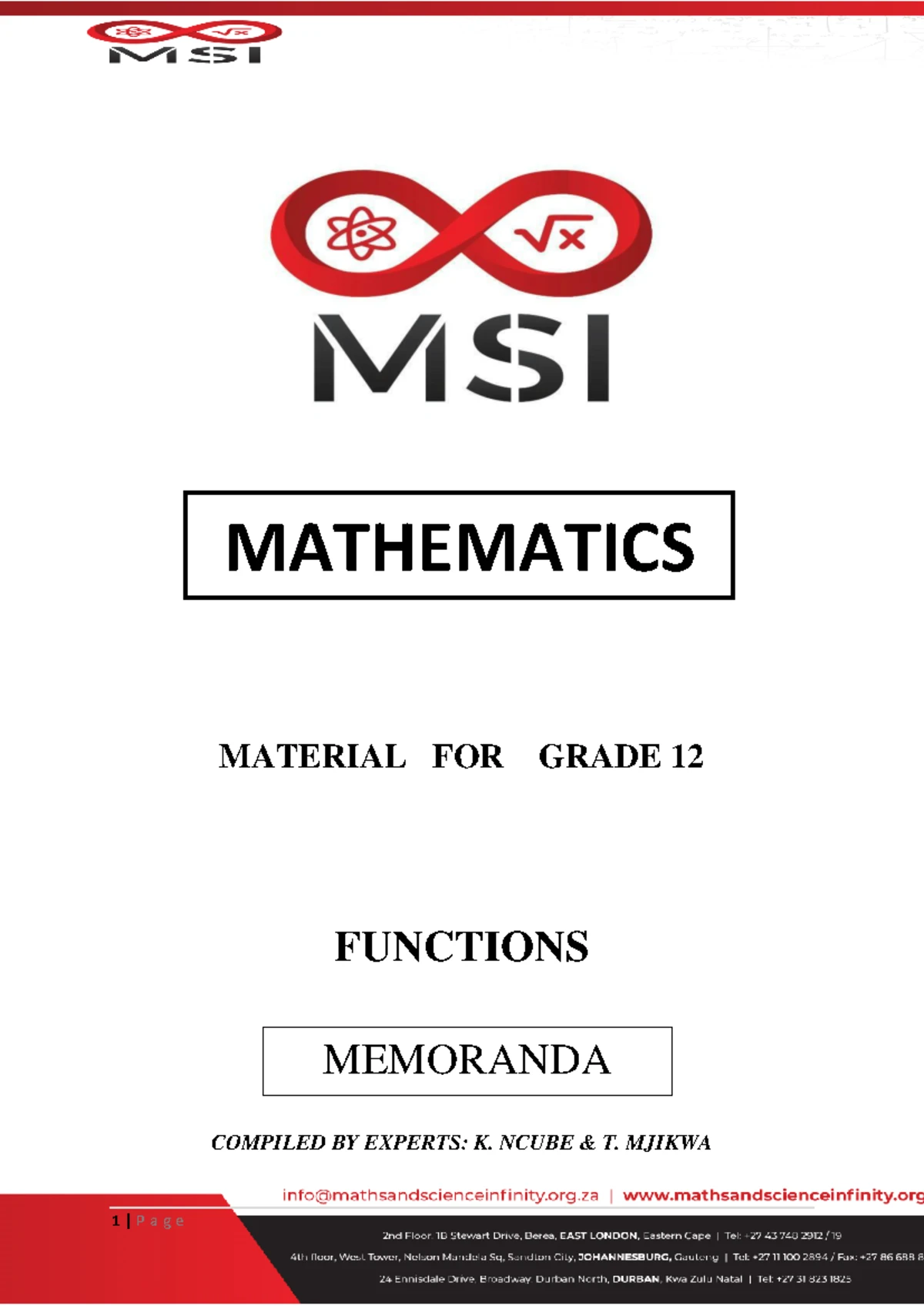 MSI Algebra Questions - Grade 12 Practice Exam Material - Studocu