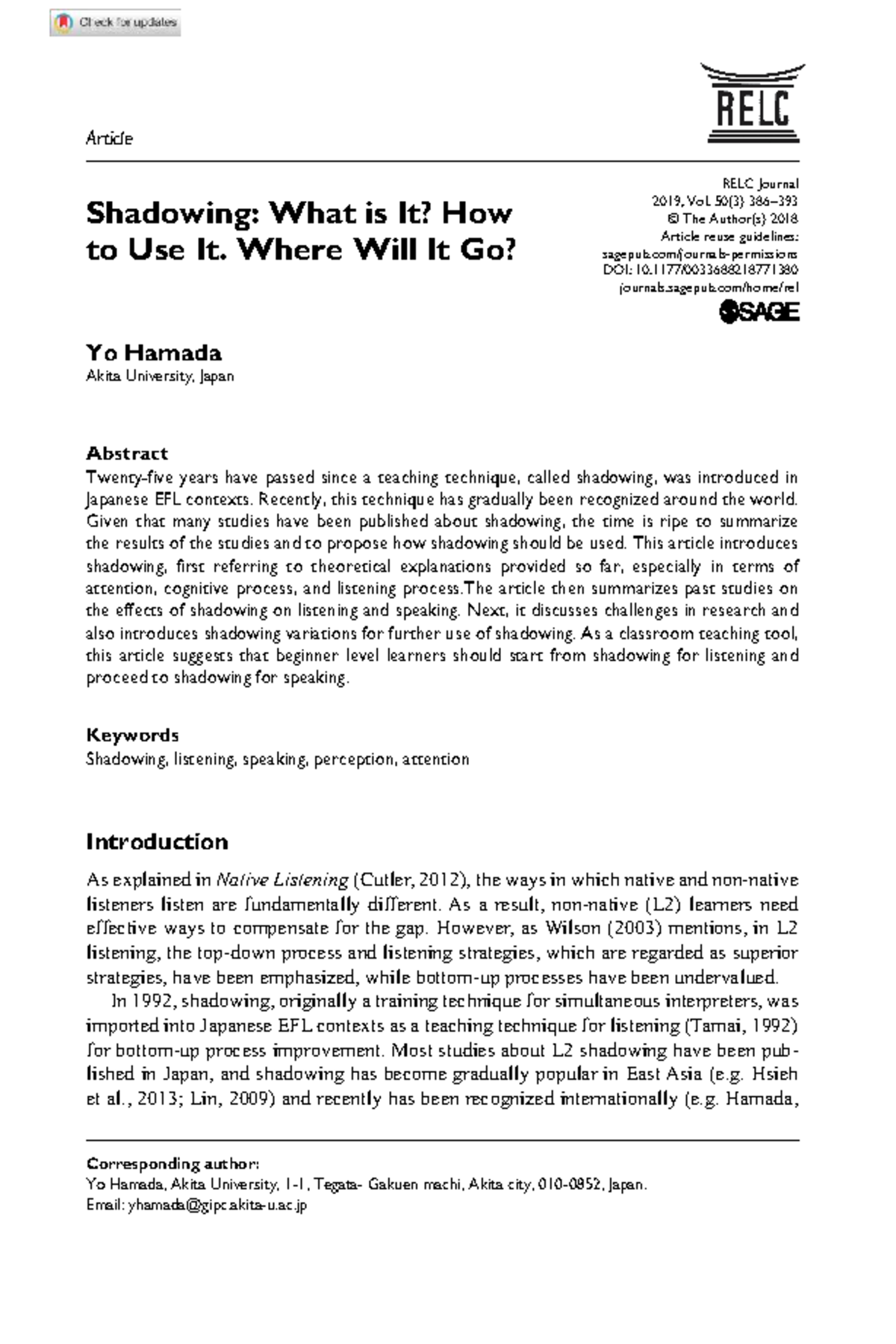 771380 RELC Journal 2019: Shadowing in EFL - Techniques & Future ...