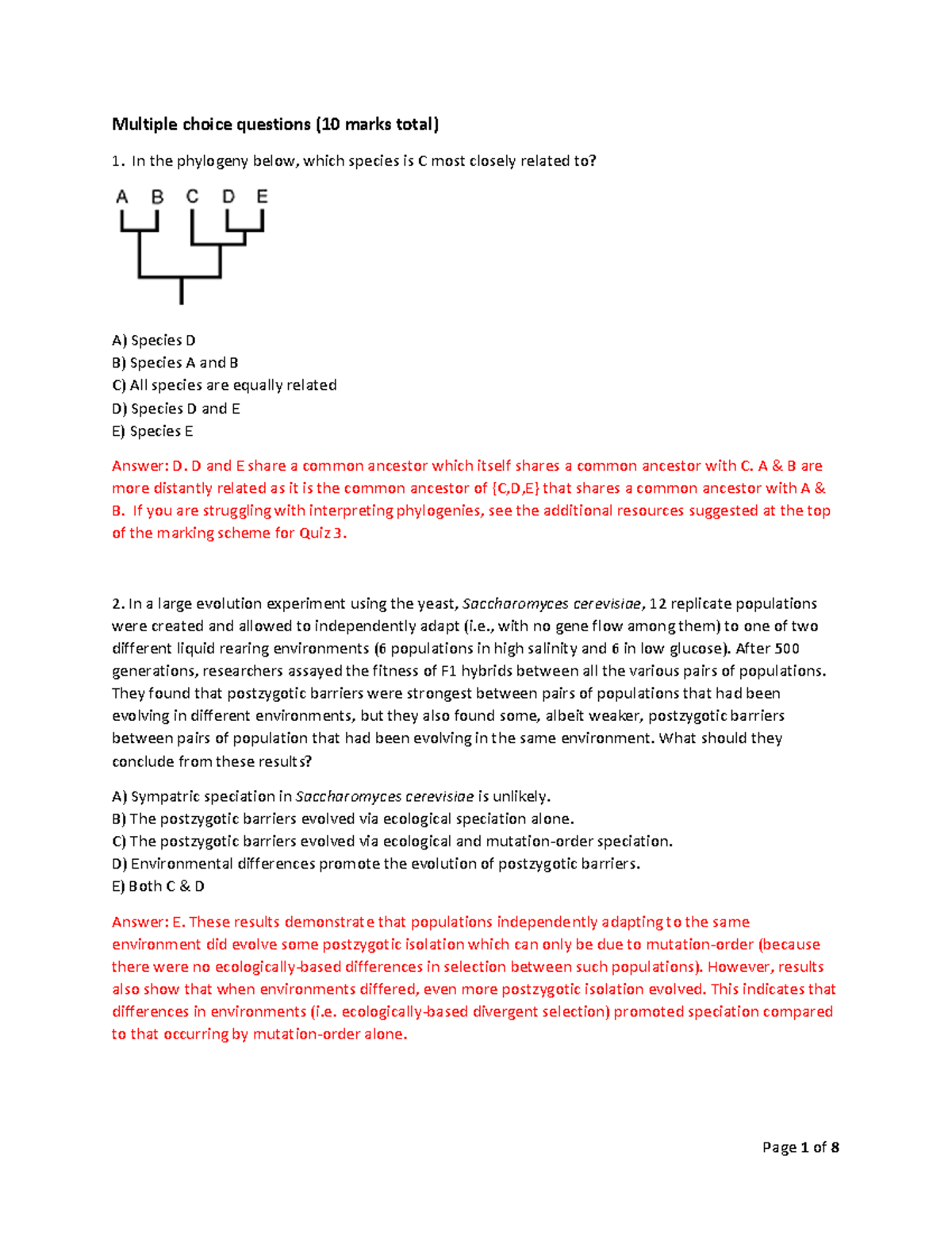 BIO1130-2021F-Midterm 2 with Solutions - Multiple choice questions (10 marks total) - Studocu