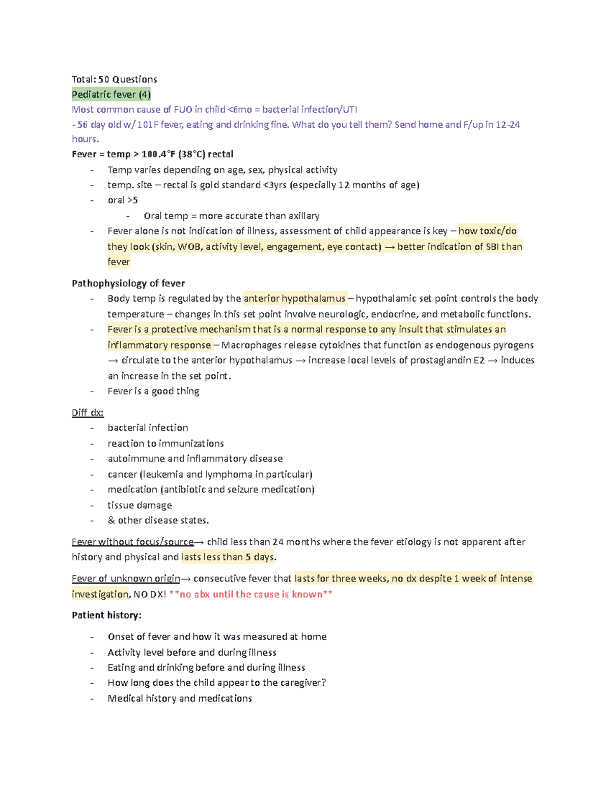 532 Exam 1 Blueprint - Total: 50 Questions Pediatric fever (4) Most ...