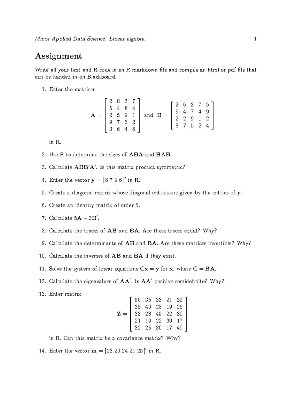 Minor Applied Data Science: Linear Algebra 1 W2 Assignment - Studeersnel