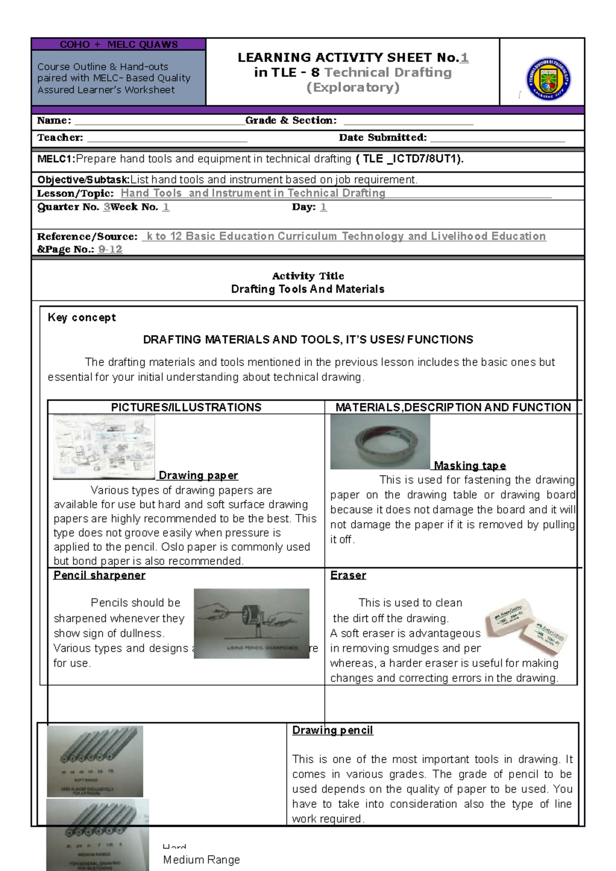 WK01 LAS TLE 78 Technical Drafting - Teacher Education - Studocu