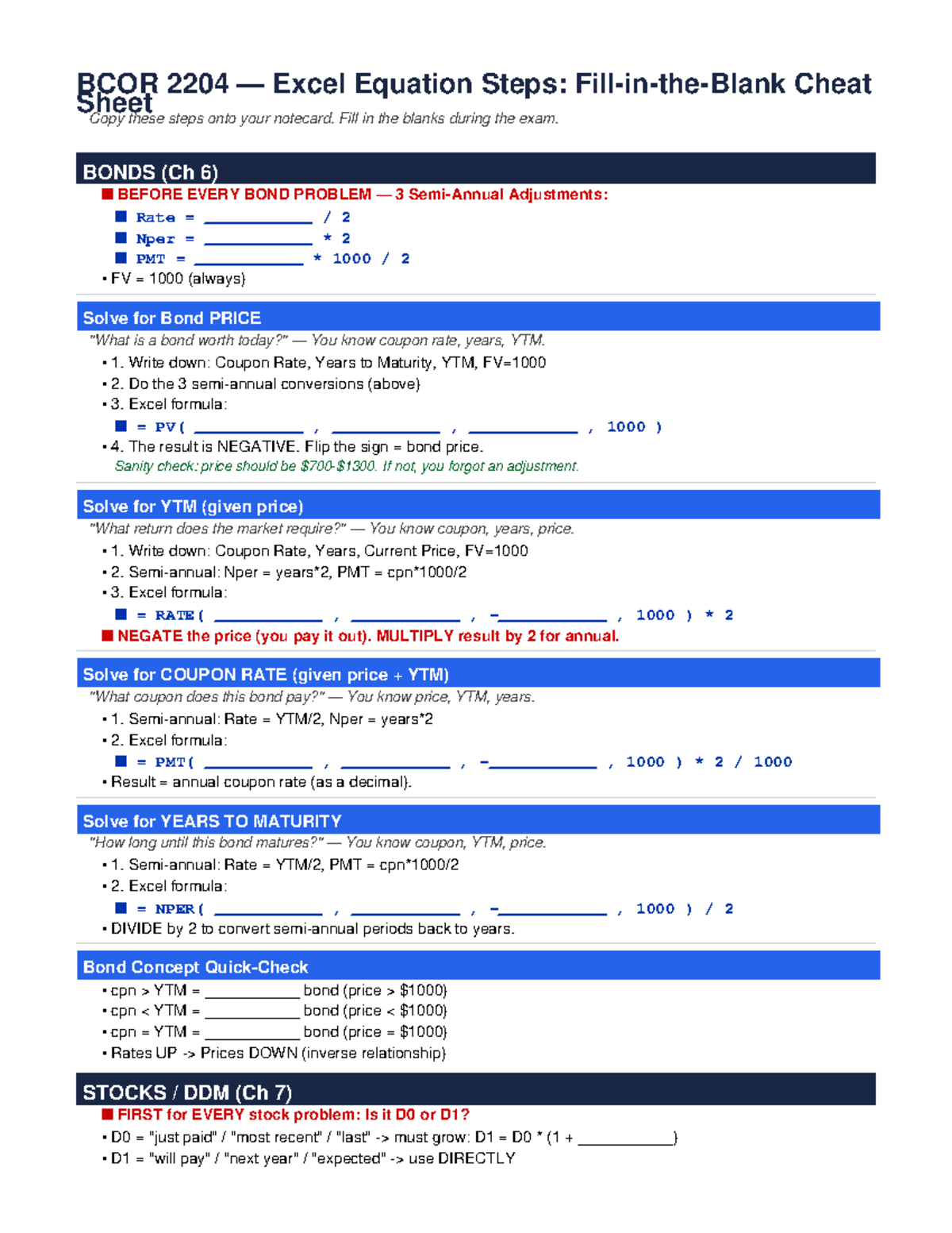 BCOR 2204 Excel Steps Cheat Sheet for Bonds & Stocks - Studocu