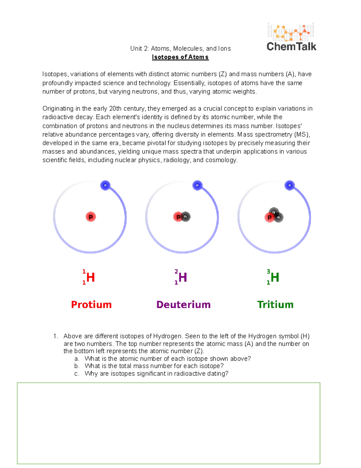 Unit 2: Isotopes of Atoms - Assignment & Explanations - Studocu