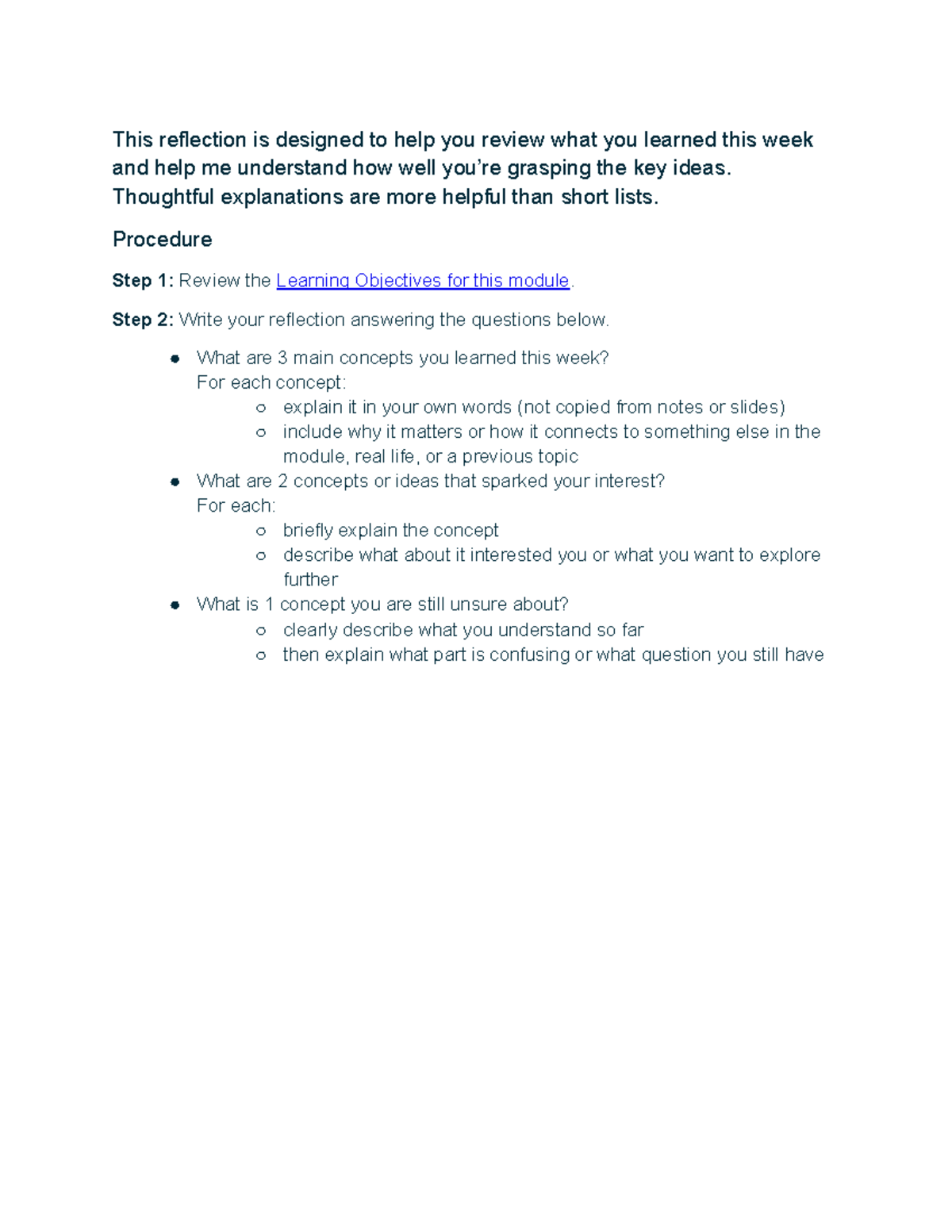 Reflection on Key Concepts Learned - Week Review - Studocu