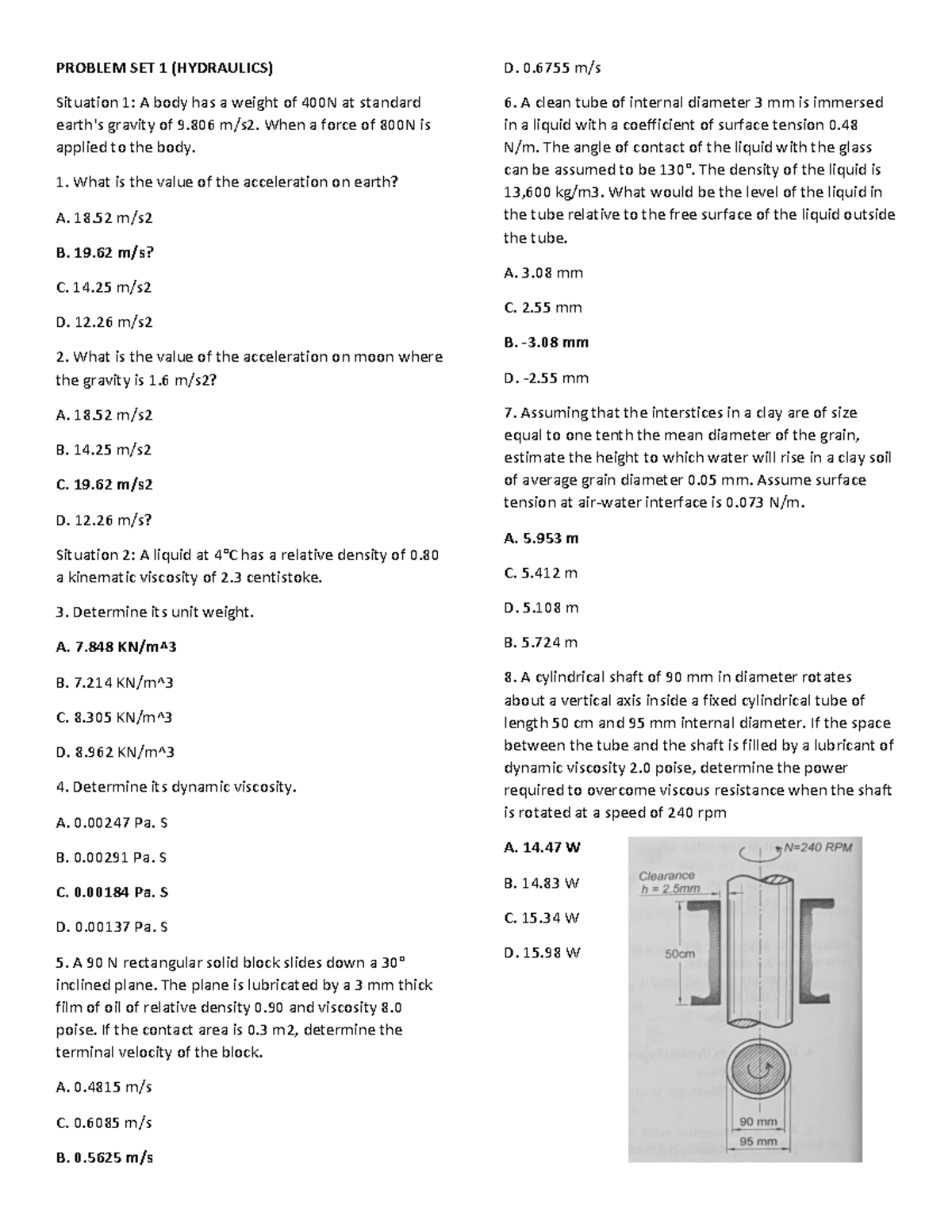 PS1 Hydraulics: Problem Set on Fluid Mechanics Concepts - Studocu