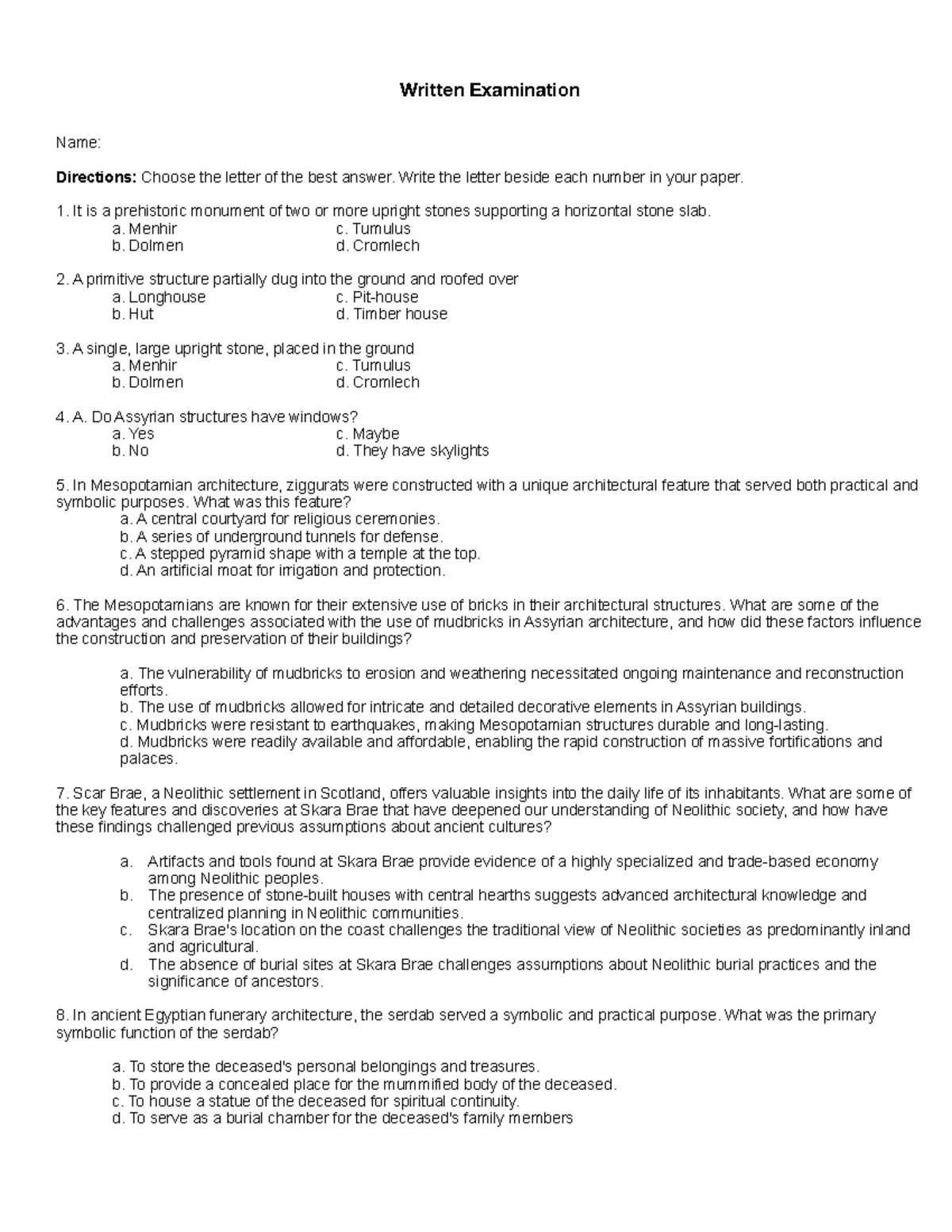 Questions-prehstoric-egyptian - Written Examination Name: Directions ...