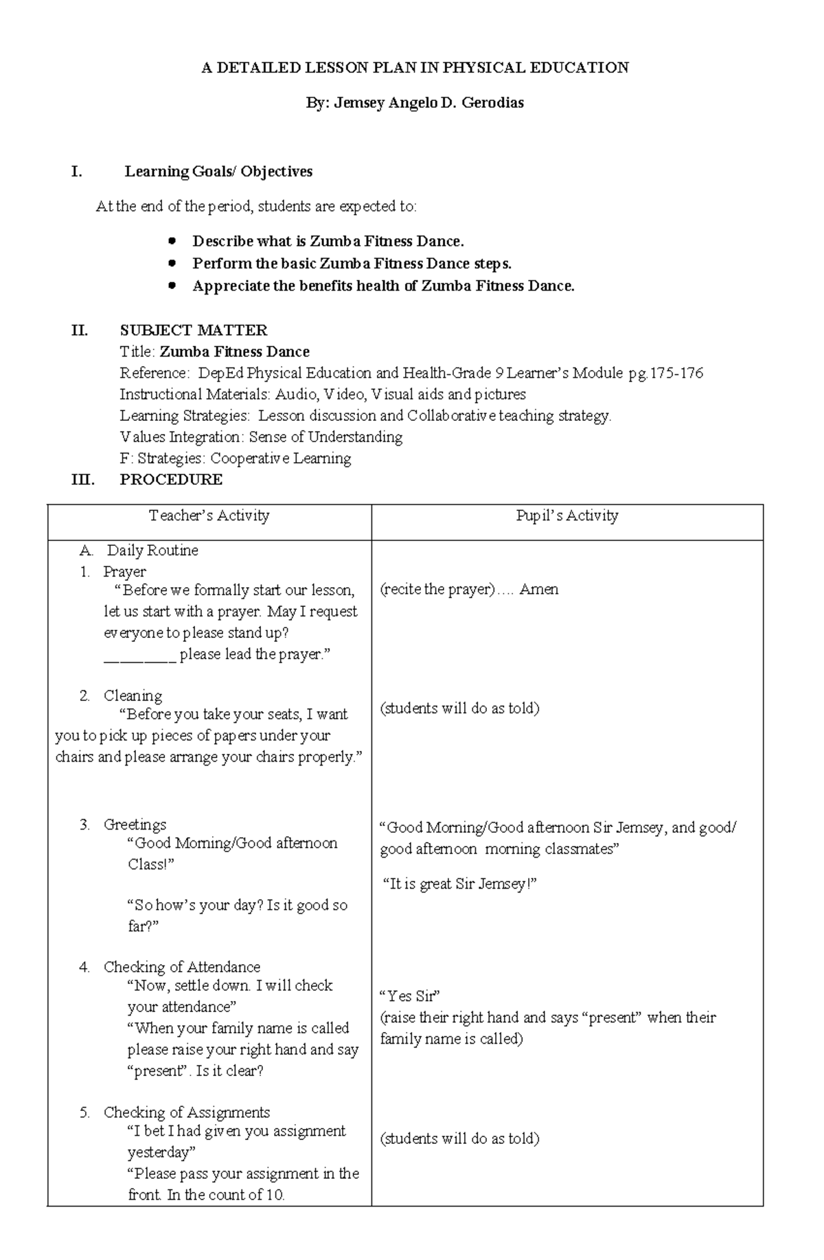 Zumba Fitness Dance Detailed Lesson Plan (PE 101) - Studocu