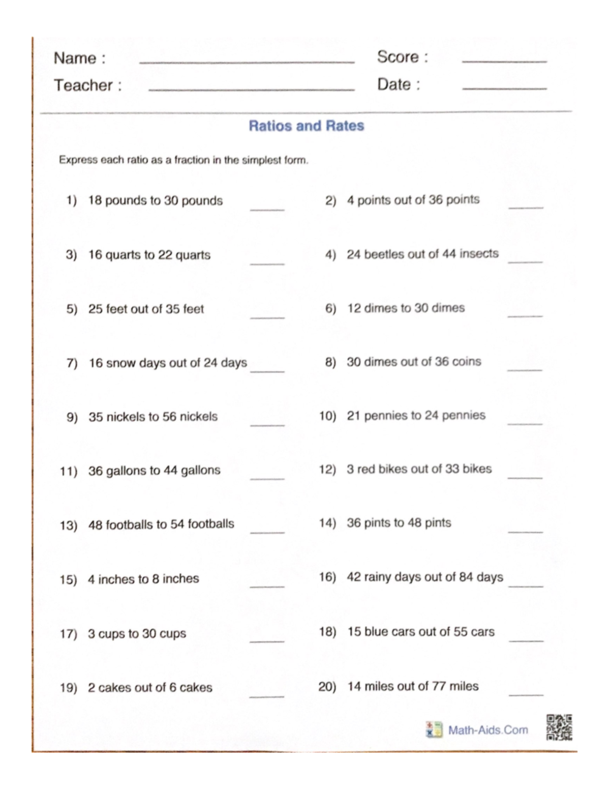 Score - math - Name : Score : Teacher : Date : Ratios and Rates Express ...