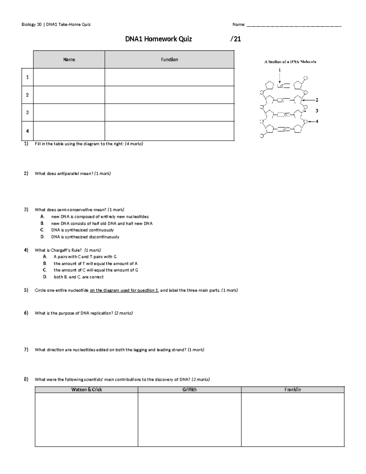 DNA1 Homework Quiz 2021 - Biology 30 Take-Home Assessment - Studocu