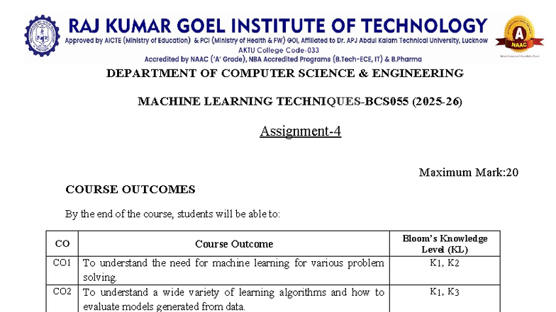 MLT 4: Machine Learning Assignment - Course Outcomes & Questions - Studocu