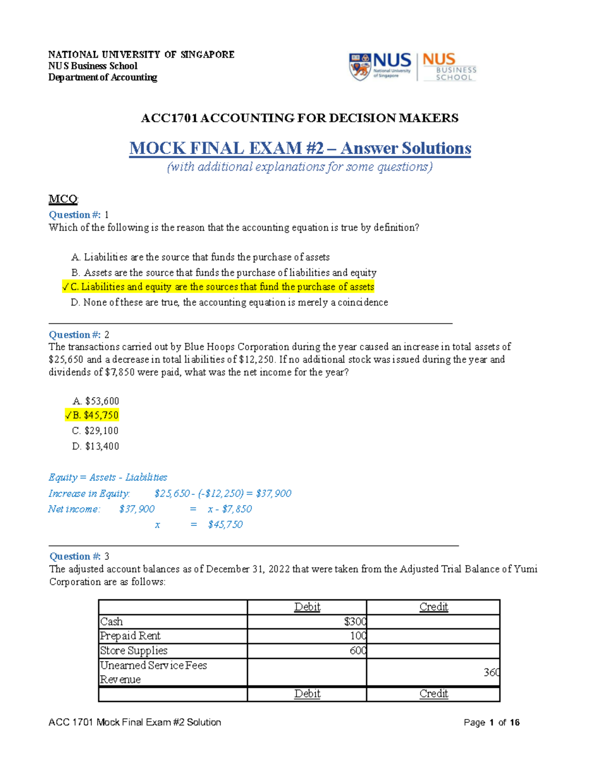 ACC1701 Mock Final Exam Solutions with Detailed Explanations - Studocu