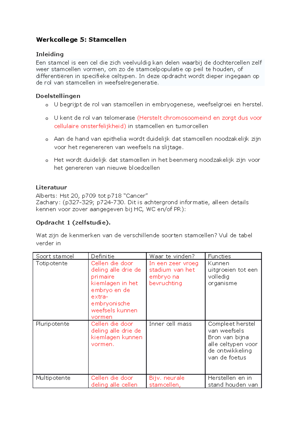 Antwoorden Werkcollege 5: Stamcellen en hun functies - Studeersnel