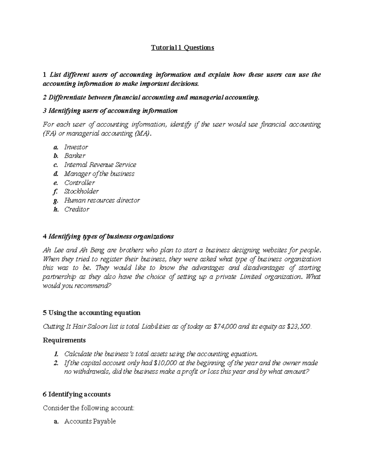 ACCT 101: Tutorial 1 Questions on Accounting Users & Concepts - Studocu