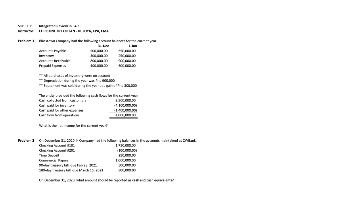 Cash Flows Problems - Integrated Review Lecture Notes (FAR) - Studocu