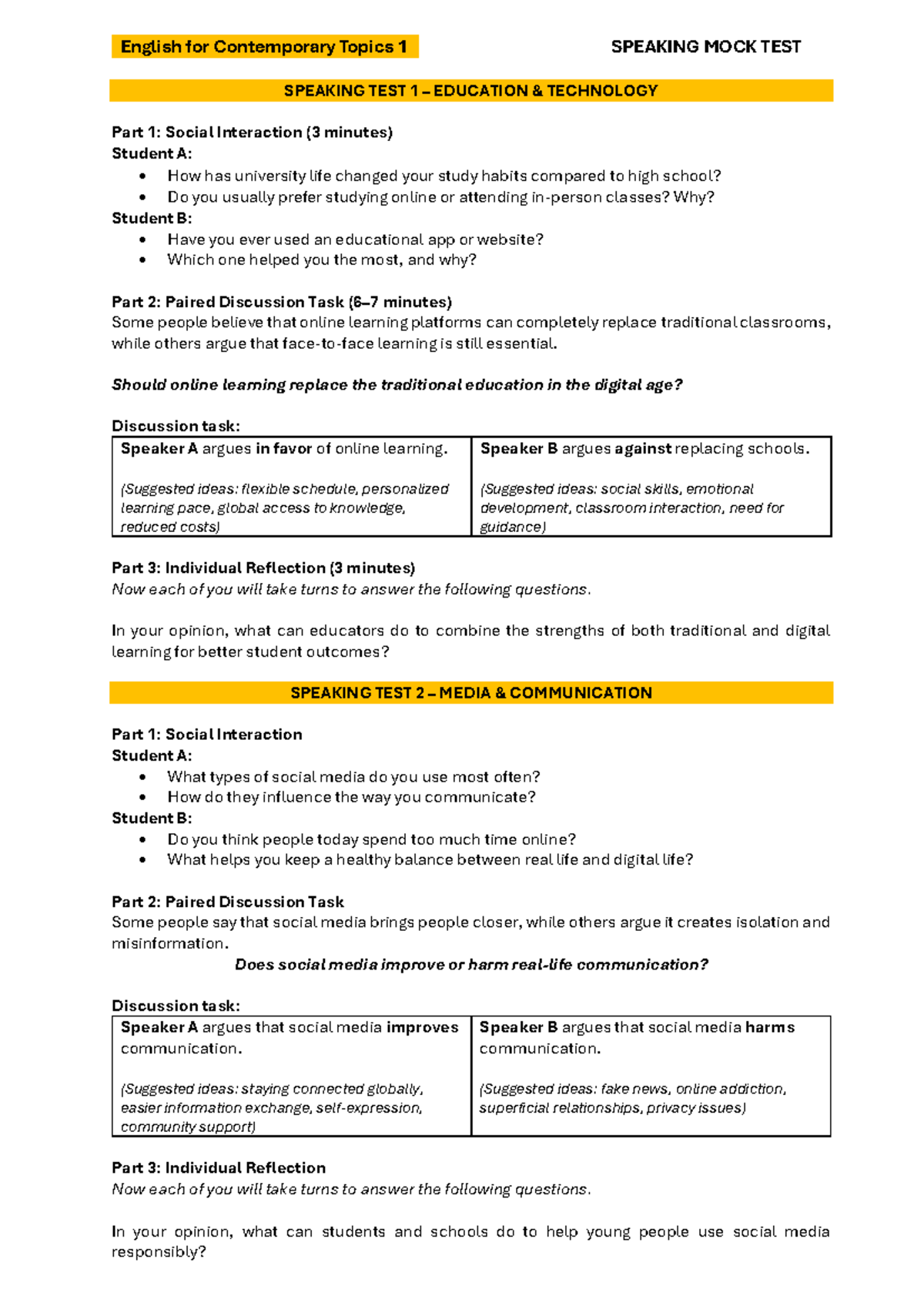English for Contemporary Topics 1 SPEAKING MOCK TEST Overview and ...