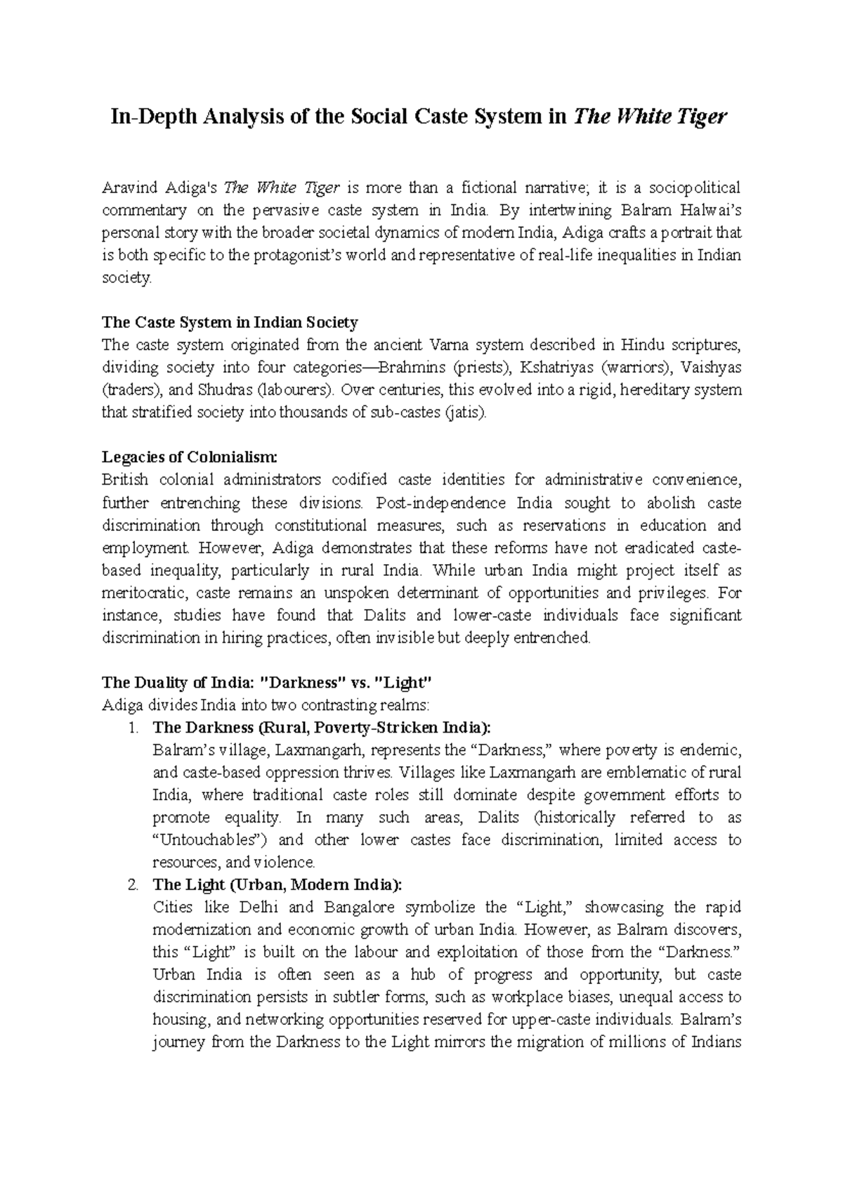 In-Depth Analysis of the Caste System in The White Tiger (ENG 101 ...