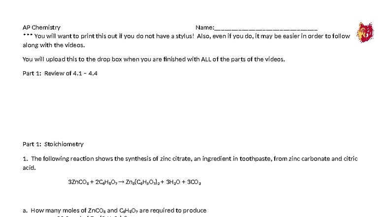 AP Chemistry Stoichiometry Practice Problems and Solutions - Studocu