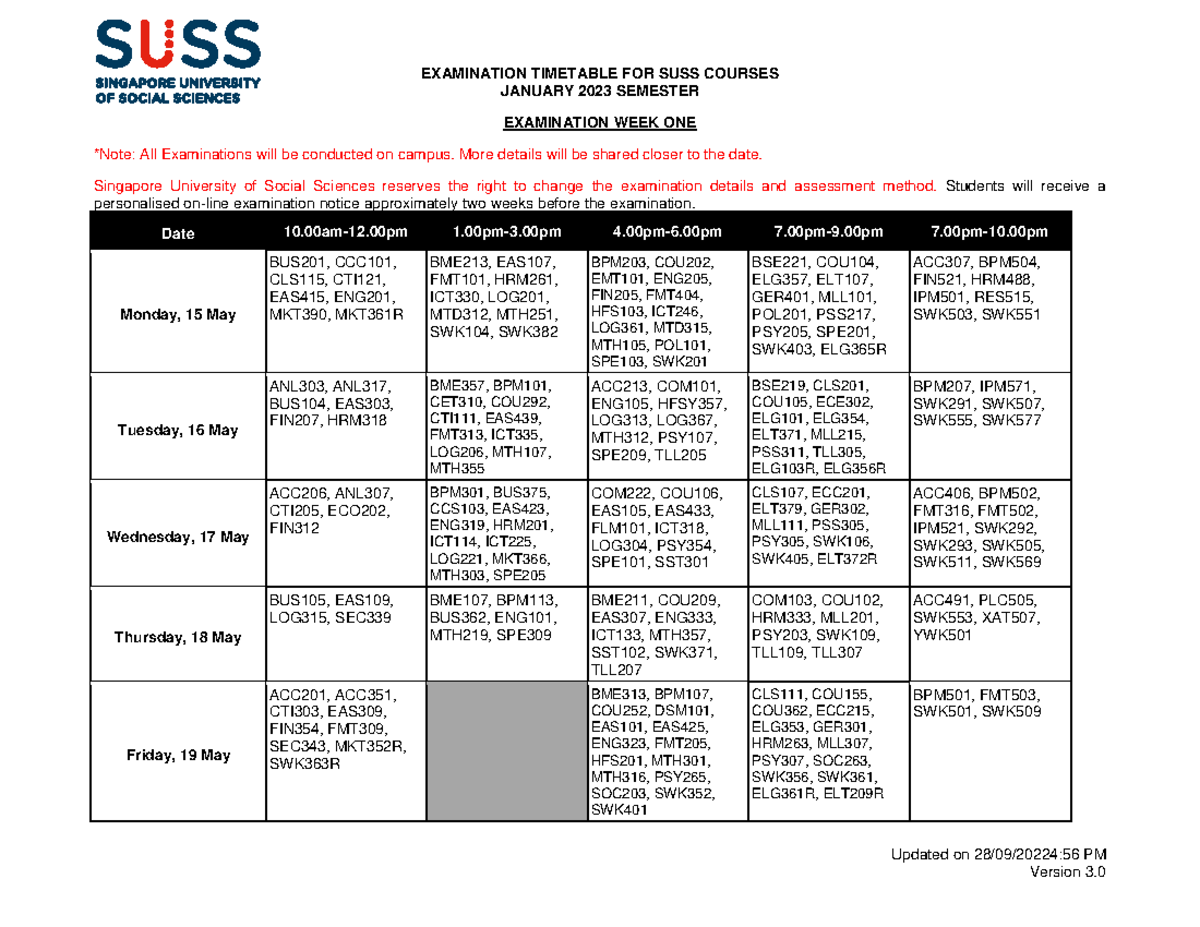 SUSS Examination Timetable for January 2023 Semester - Studocu