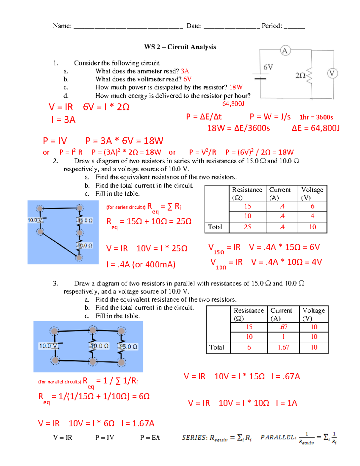 Worksheet 2 - Answers on Series and Parallel Circuits (Physics 101 ...