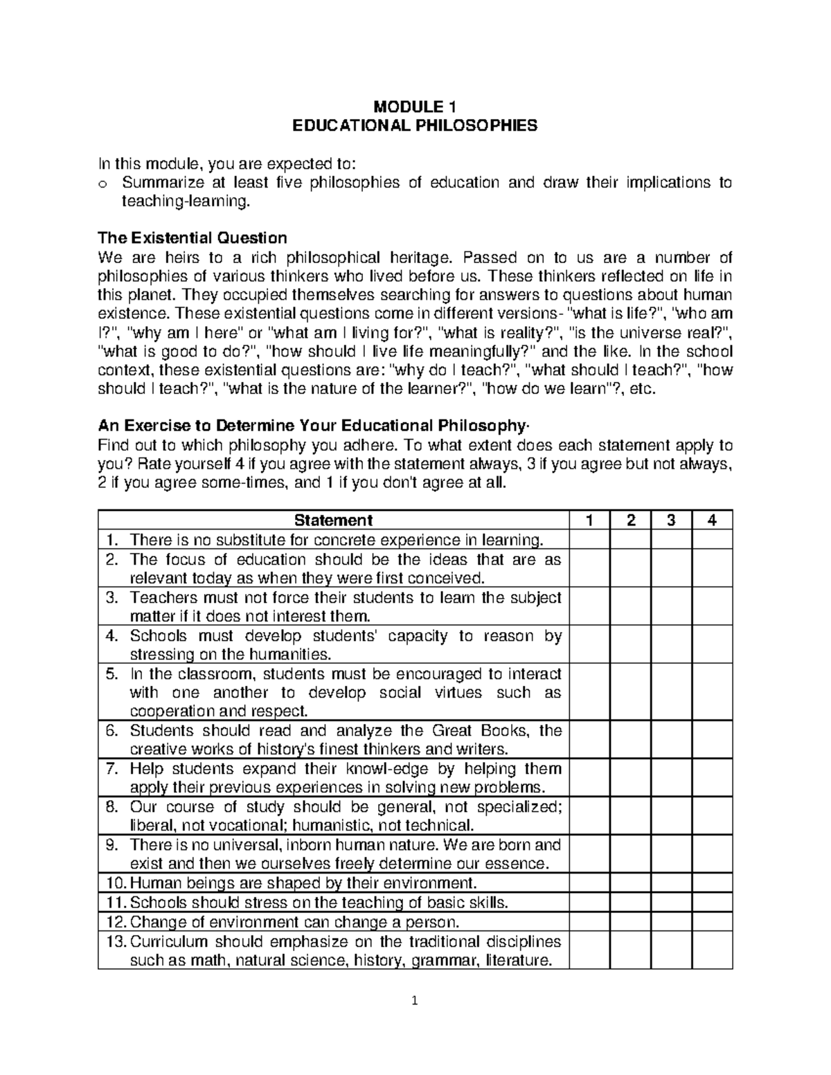 Educational Philosophies in Module 1: Summary & Implications - Studocu