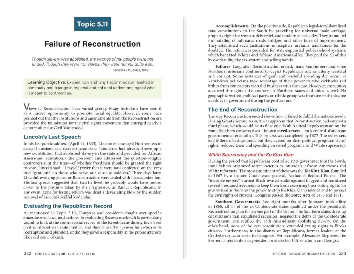 Topic 5.11: Analyzing the Failures of Reconstruction in U.S. History ...