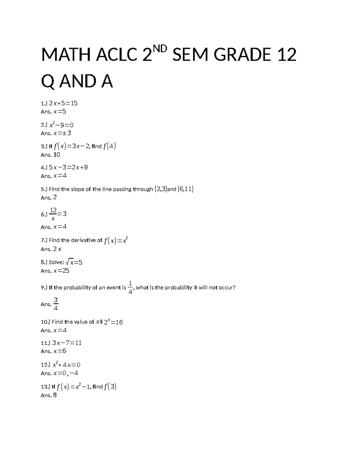 MATH ACLC 2ND SEM Grade 12 Q&A Solutions and Explanations - Studocu