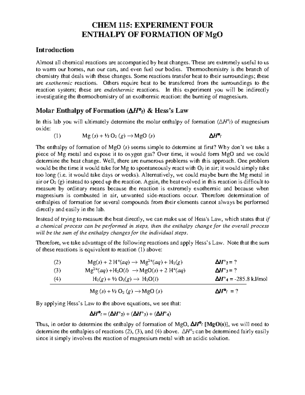 Lab 4 - Thermochemistry: Enthalpy of Formation of MgO (CHEM 115) - Studocu