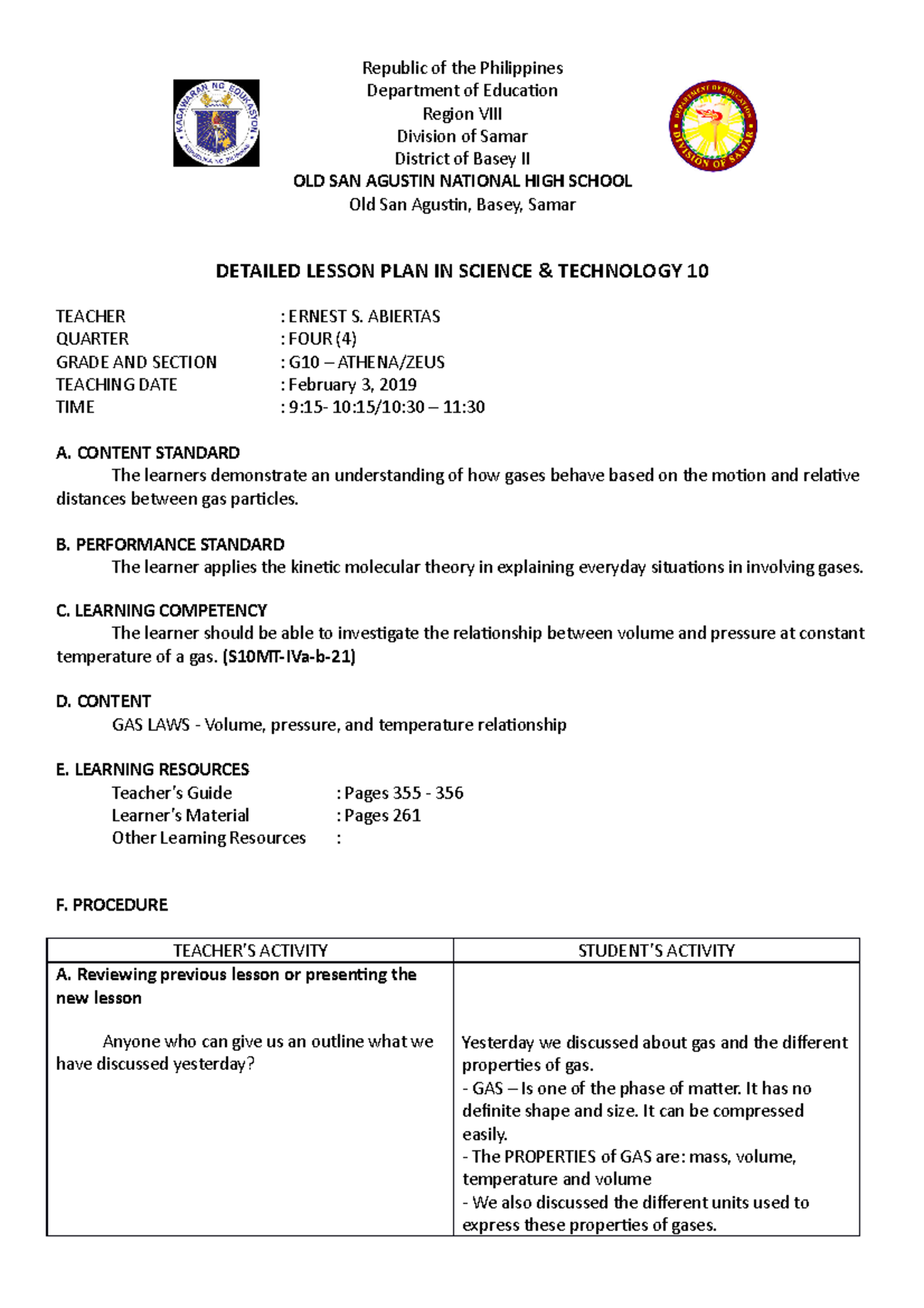 DLP: Exploring Gases - Science & Technology 10 Lesson Plan - Studocu