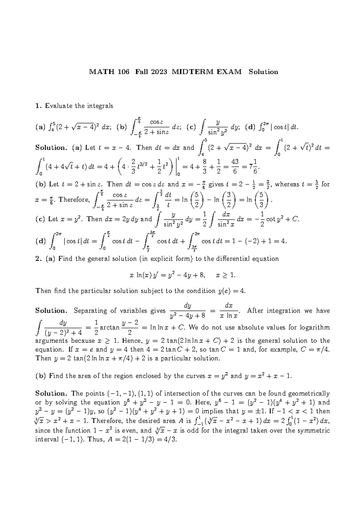 MATH 106 2023-24 Fall Midterm Solutions - MATH 106 Fall 2023 MIDTERM EXAM Solution Evaluate the ...