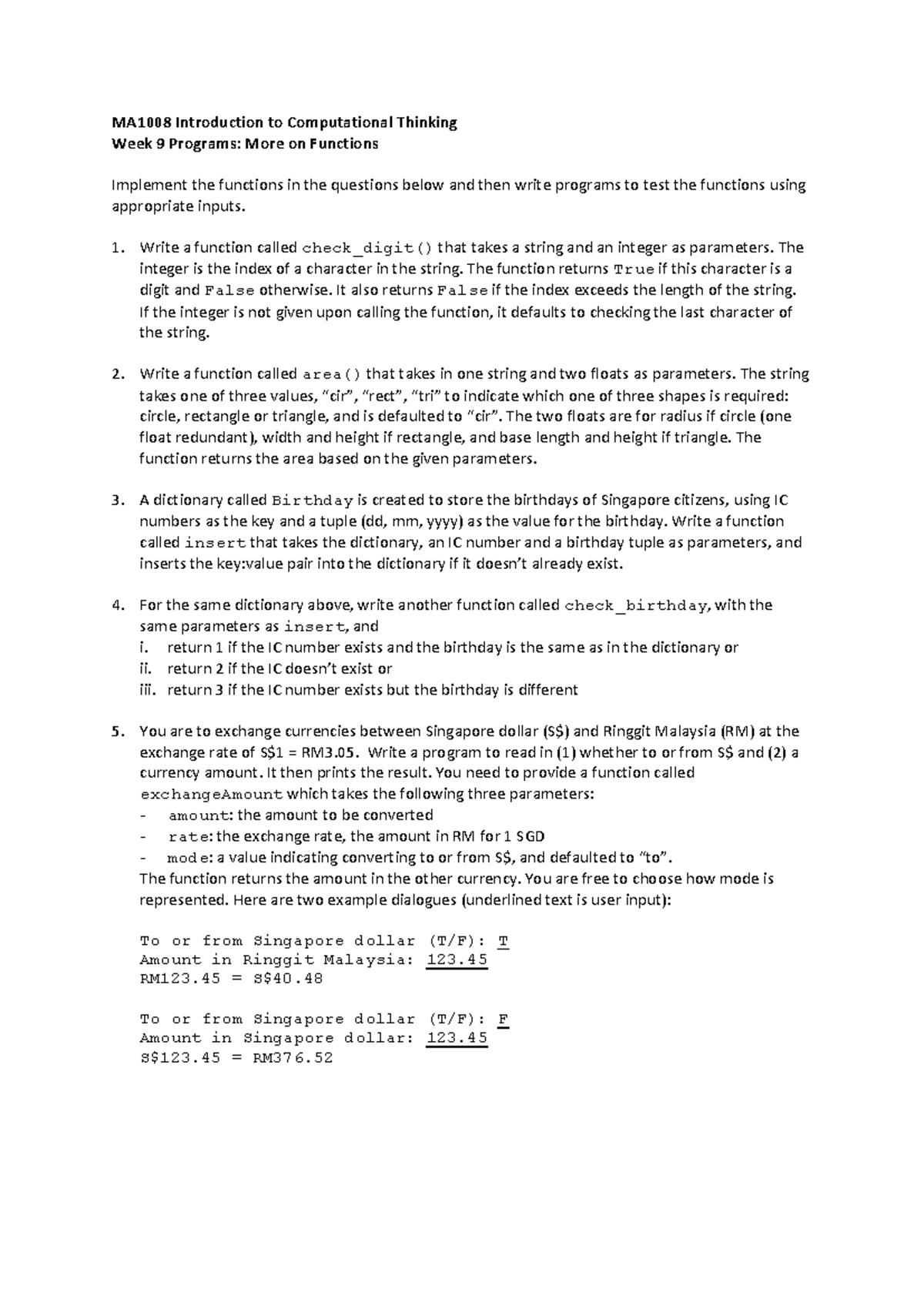 MA1008 Tutorial 9: Functions and Currency Exchange Implementation - Studocu