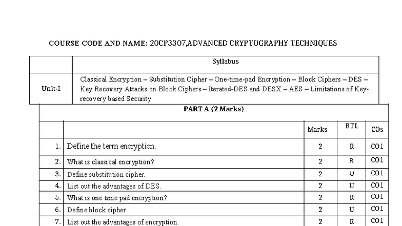 20CP3307 Advanced Cryptography Techniques Question Bank - Studocu