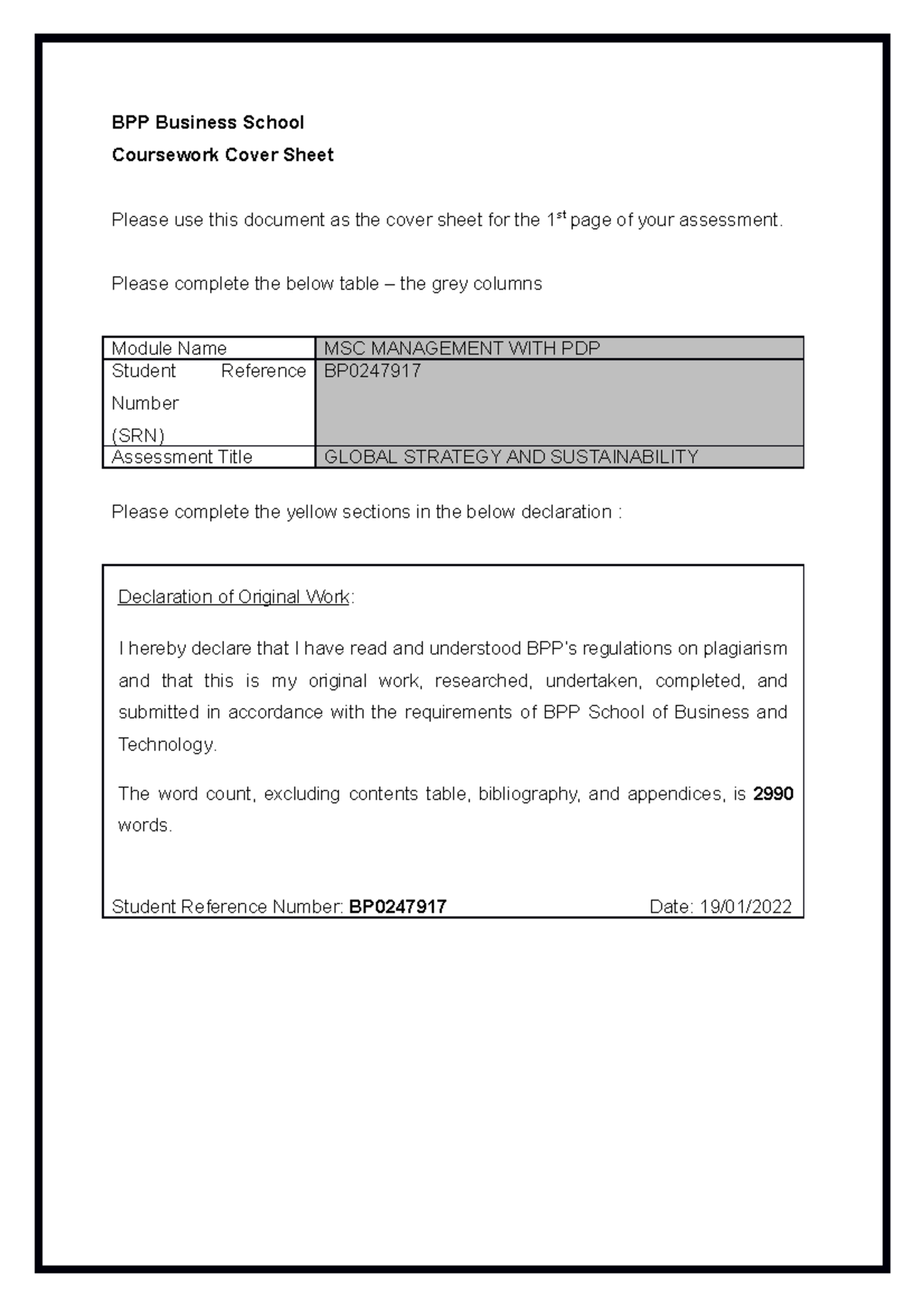 Global Strategy Sus - assignment example - BPP Business School Coursework Cover Sheet Please use ...