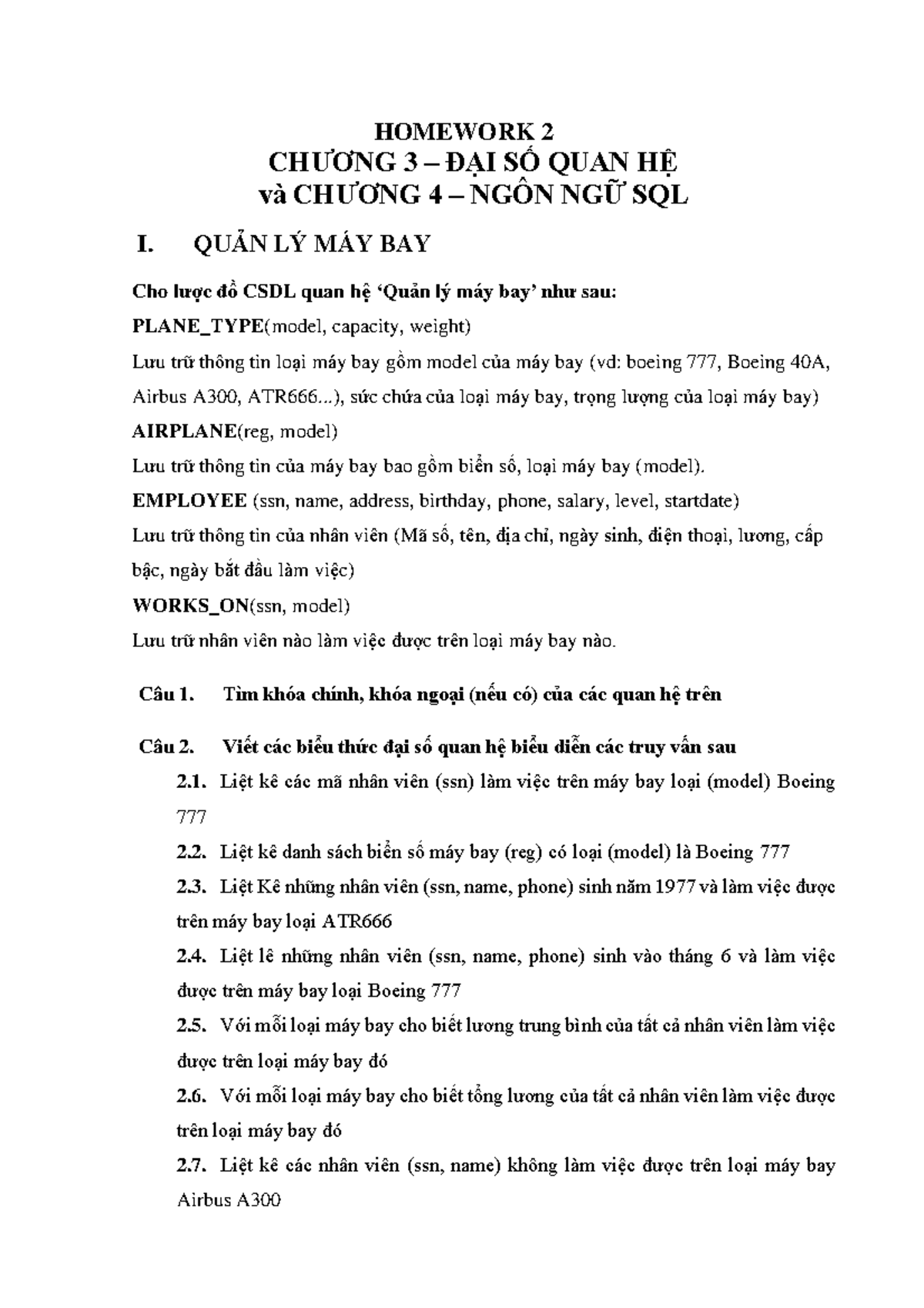 BT 2 - Chương 3-4: Bài Tập Đại Số Quan Hệ và Ngôn Ngữ SQL - Studocu