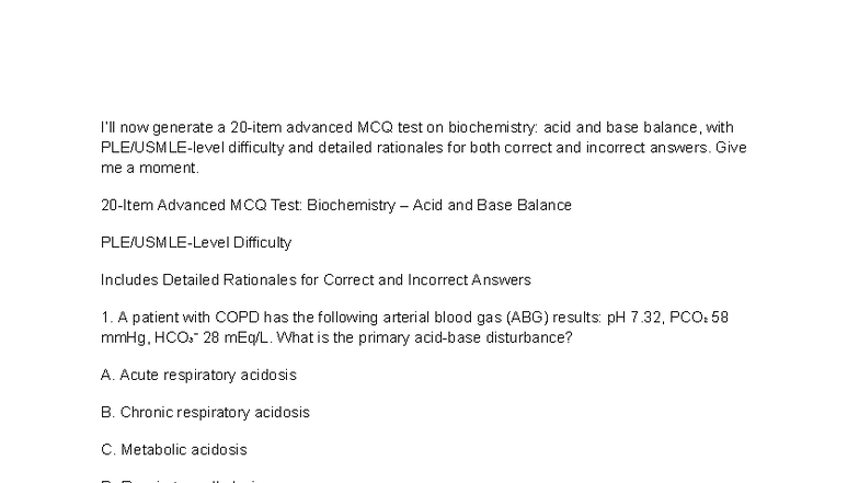 Advanced MCQ Test: Biochemistry (ACID BASE) - Sample Reviewers - Studocu